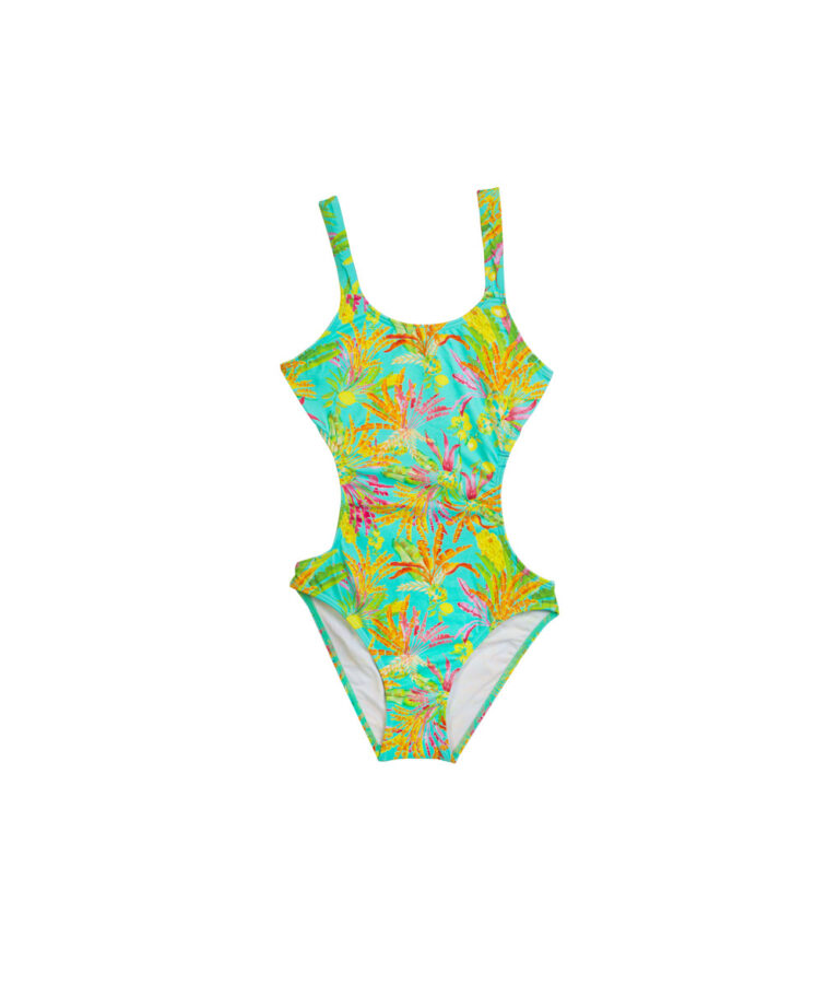 trikini niña con estampado de la coleccion banana con lazada en atras